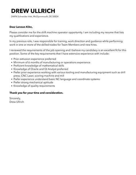 Shift Machine Operator Cover Letter Velvet Jobs