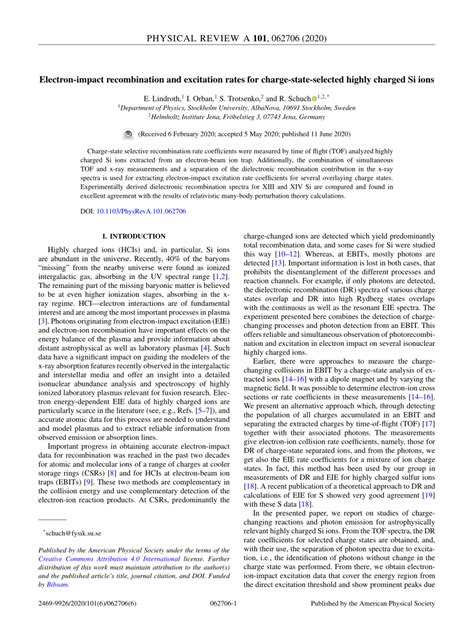 Pdf Electron Impact Recombination And Excitation Rates For Charge State Selected Highly