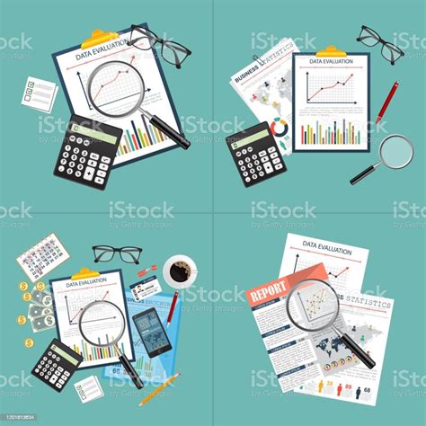감사 개념 회계 연구 계산 계획 관리 재무 분석 데이터의 현실적인 디자인 맨 위 보기 데스크톱 요소가 있는 비즈니스 배경 연구에 대한 스톡 벡터 아트 및 기타 이미지