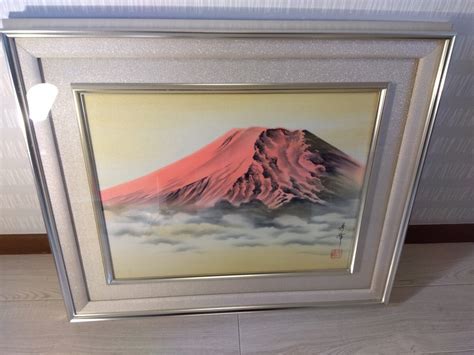 Yahoo オークション F107 秀峰 銘 赤富士図 肉筆絹本 額装 絵画