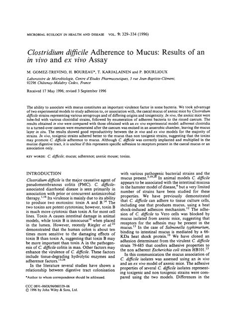 Pdf Clostridium Difficile Adherence To Mucus Results Of An In Vivo And Ex Vivo Assay