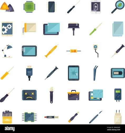 Tablet Repair Icons Set Flat Vector Break Head Fix Repair Isolated