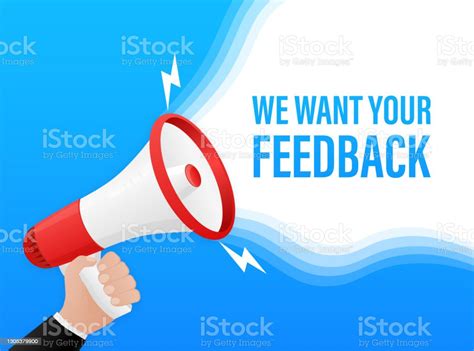 파란색 템플릿 우리는 전단지 디자인을위한 빨간색 배경에 메가 폰을 들고 귀하의 피드백 손을 원한다 플랫 스타일로 벡터 그림 개념에 대한 스톡 벡터 아트 및 기타 이미지