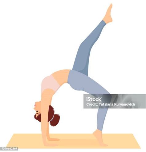 다리 포즈에 서있는 여자 매트에서 필라테스 피트니스 및 요가 운동을하는 소녀 건강한 라이프 스타일 운동 벡터 일러스트 레이 션