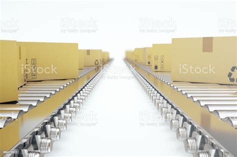 배달 포장 서비스 및 소포 운송 시스템 개념 컨베이어 벨트 3d 렌더링에 골 판지 상자 패키지 갈색에 대한 스톡 벡터 아트 및 기타 이미지 Istock