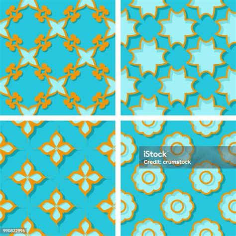 완벽 한 꽃 패턴입니다 오렌지 요소와 밝은 파랑 3d 배경 세트 0명에 대한 스톡 벡터 아트 및 기타 이미지 0명 3차원 형태 그림자 Istock