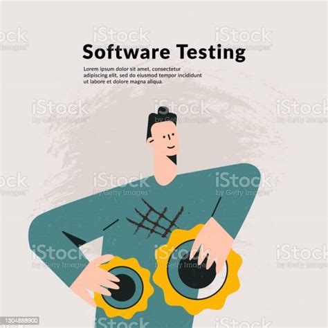 It 소프트웨어 애플리케이션 테스트 품질 보증 개념 응용 프로그램 스트레스 테스트 버그 제거 코딩 은유 기어 플랫 벡터 만화