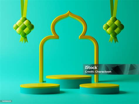 라마단 카림 프로모션 판매 광고 캠페인을 위한 빈 실린더 제품 디스플레이 및 이슬람 축제 장식 요소의 3d 그림 0명에 대한 스톡 사진 및 기타 이미지 Istock