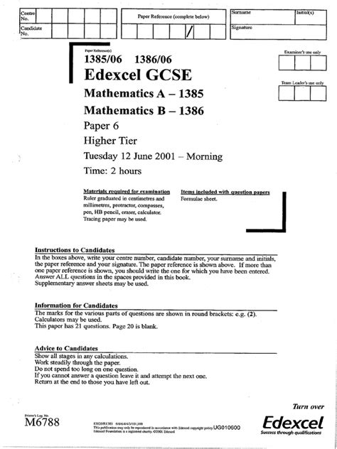 Higher Gcse June 2001 Paper 6 Pdf