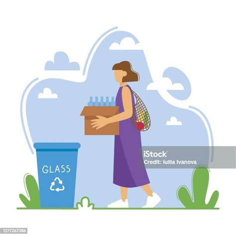 여자는 쓰레기를 분류 행복한 젊은 여성은 환경에 대한 관심과 쓰레기통 쓰레기통이나 용기에 유리 쓰레기를 넣어 제로 폐기물 개념 벡터 그림입니다 가방에 대한 스톡 벡터 아트