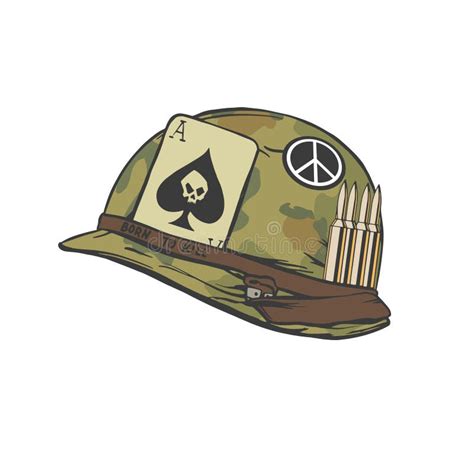 Vietnam War American Soldier Helmet In Hand Drawn Style For Print And