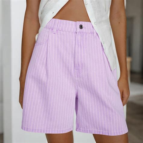 Qulqfy Purple Womens Shorts Striped Bermuda Baggy Casual Comfy High