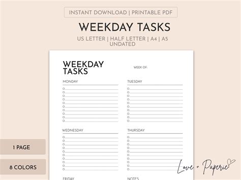 Printable Weekday Task List Printable Task List Planner Insert Undated