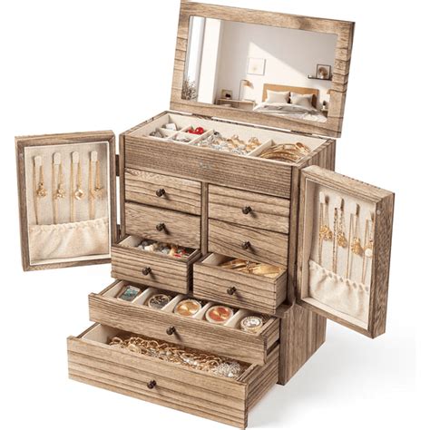 Jewelry Box For Women Wooden Jewelry Boxes 6 Layer Rustic Large Jewelry