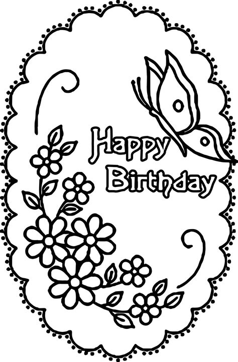 Happy Birthday Flower Butterfly Coloring Page