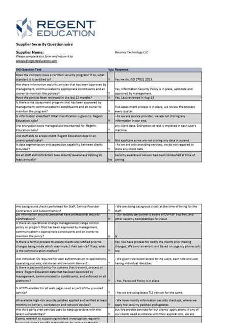 Infosec Supplier Security Questionnaire With Answers Pdf Security