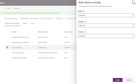 how to enable column level security in dataverse