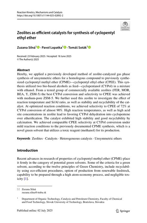 Pdf Zeolites As Efficient Catalysts For Synthesis Of Cyclopentyl Ethyl Ether