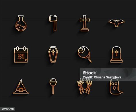 마녀 모자 롤리팝 물약이 담긴 병 거미 유령 관 기독교 십자가 툼스톤 및 눈 아이콘을 설정합니다 벡터 10월에 대한 스톡 벡터 아트 및 기타 이미지 Istock