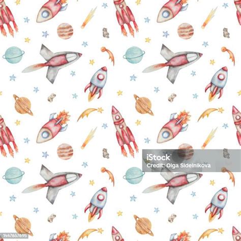 수채화 그림입니다 손으로 그린 로켓 우주선 우주 우주선의 원활한 패턴 행성 토성 천왕성 목성 별 혜성 유성 국제 인간 우주 비행의 날 만화에 대한 스톡 벡터 아트 및 기타