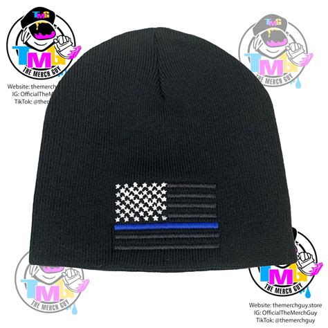 Usa Flag Blue Line Embroidered Beanie Etsy