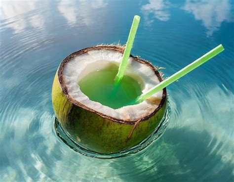 Coco Con Pajitas De Beber En La Superficie Del Agua Imagen Premium
