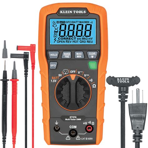 Auto Ranging Digital Multi Tester With Standard GFCI Receptacle Tester ET Klein Tools