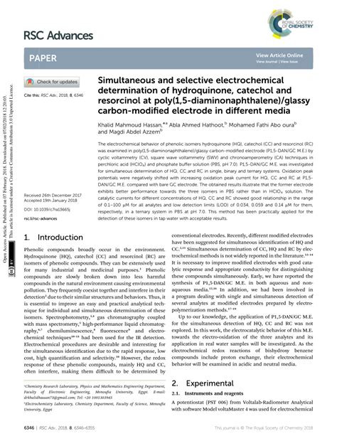 Pdf Simultaneous And Selective Electrochemical Determination Of Hydroquinone Catechol And