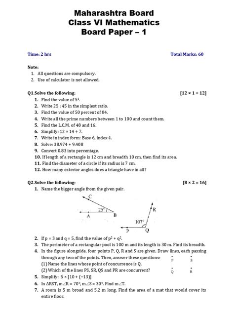 Msb Maths Baord Paper Class 6 1 Pdf Length Area