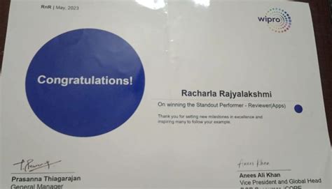 Randr Award 🎉🎉🎉best Performer Award From Wipro Racharla Rajyalakshmi