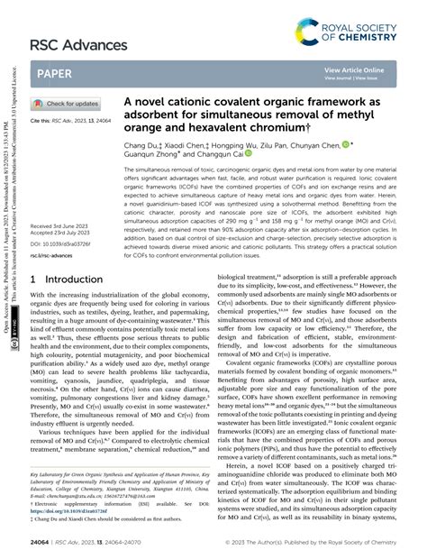 Pdf A Novel Cationic Covalent Organic Framework As Adsorbent For Simultaneous Removal Of