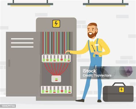전기 배선 벡터 일러스트의 유지 보수 및 수리에 종사하는 스위치 보드 근처 전반적인 서 에서 미소 남자 전기 남성에 대한 스톡 벡터 아트 및 기타 이미지 Istock