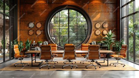 Premium Photo Elegant Industrial Office Space With Lush Greenery View