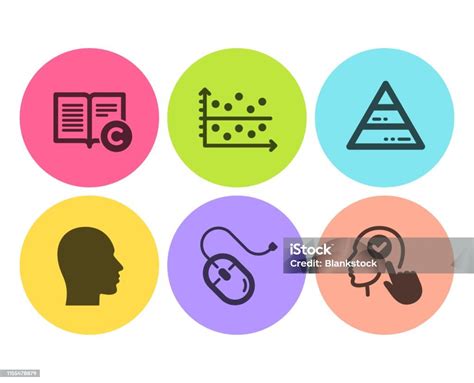 저작권 피라미드 차트 및 도트 플롯 아이콘을 설정 합니다 머리 컴퓨터 마우스 및 사용자 기호를 선택 합니다 벡터 고급에 대한