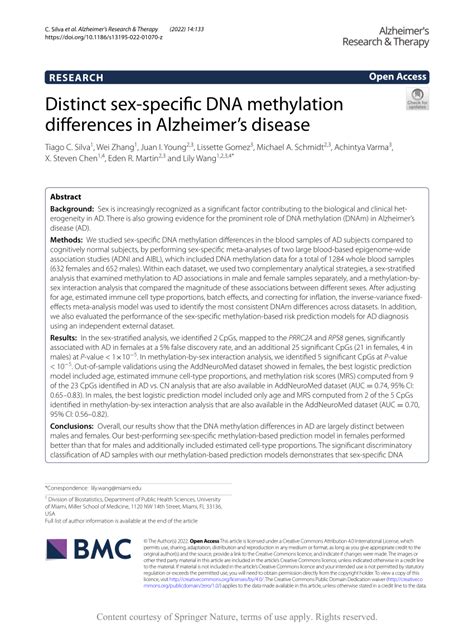 Pdf Distinct Sex Specific Dna Methylation Differences In Alzheimers