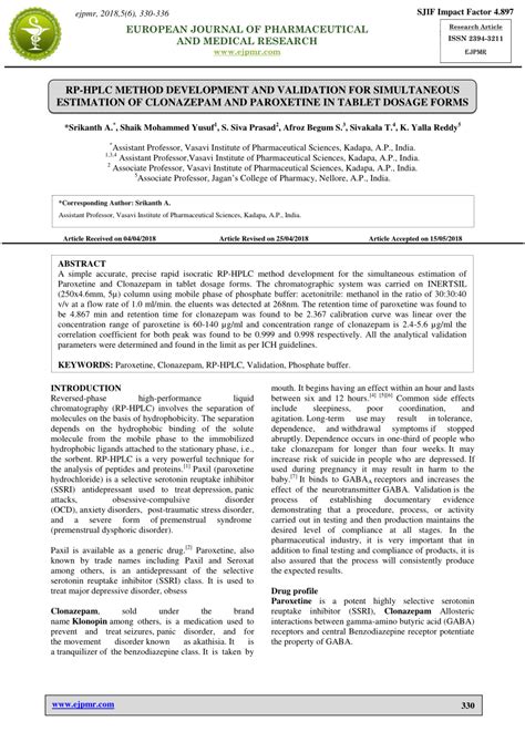 Pdf Rp Hplc Method Development And Validation For Simultaneous Estimation Of Clonazepam And