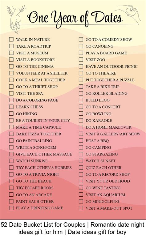 52 Date Bucket List For Couples Romantic Date Night Ideas T For
