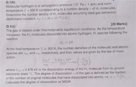 Solved Q B Molecular Hydrogen Is At Atmospheric Pressure Chegg
