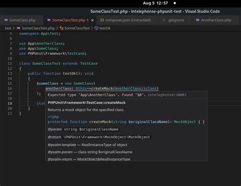 intelephense is unable to recognize a type of phpunit s `createmock