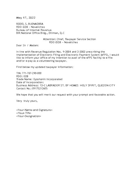 Letter Of Intent For Efps May 17 2022 Rodel S Buenaobra Rdo 028 Novaliches Bureau Of