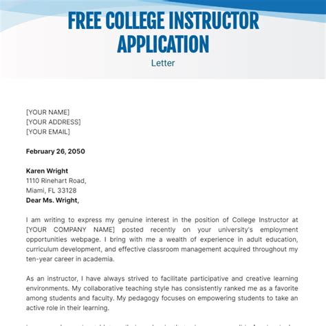 College Instructor Application Letter Template Edit Online And Download Example