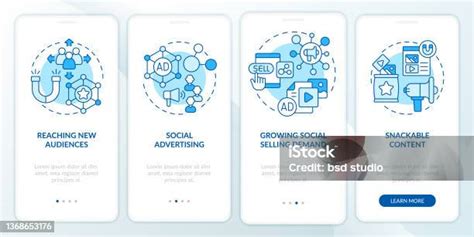 Smm 마케팅 동향 블루 온보딩 모바일 앱 화면 Brand Name Smart Phone에 대한 스톡 벡터 아트 및 기타 이미지