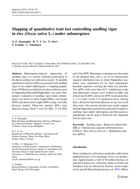 Pdf Mapping Of Quantitative Trait Loci Controlling Seedling Vigor In Rice Oryza Sativa L