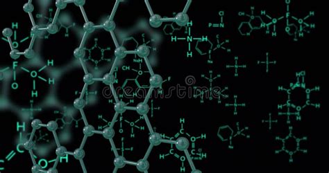 Molecular Structures And Chemical Formulas Scientific Research Animation Over Black Background