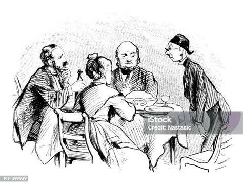 영국 풍자 만화 만화 캐리커처 일러스트 식탁에있는 가족 드로잉에 대한 스톡 벡터 아트 및 기타 이미지 드로잉 탁자 1869년 Istock