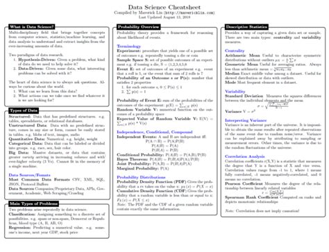 Kirk Borne On Twitter This 10 Page Pdf Datascience Cheat Sheet Covers Concepts In