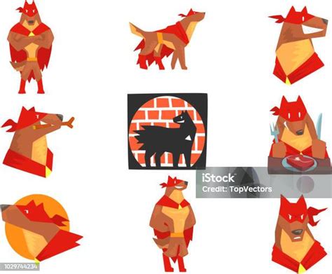 행동에 개 슈퍼 히어로 캐릭터 설정 빨간 케이프 벡터 일러스트와 함께 다른 포즈에 개 개에 대한 스톡 벡터 아트 및 기타 이미지