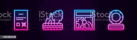 세트 라인 투표 문서 거짓말 불타는 타이어 깨진 창 및 빛나는 네온 아이콘입니다 벡터 Revolution에 대한 스톡 벡터 아트