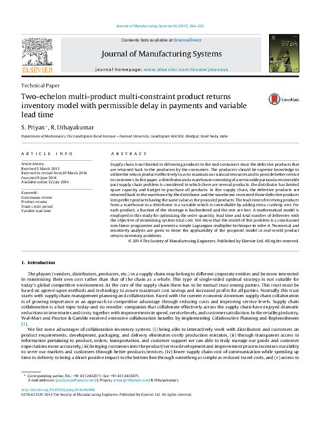 Pdf Two Echelon Multi Product Multi Constraint Product Returns Inventory Model With