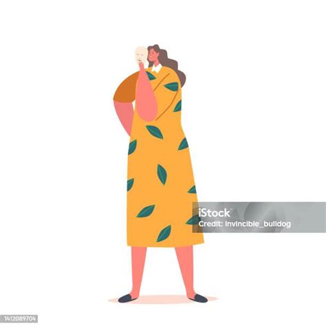 슬픈 여자는 웃는 마스크 뒤에 얼굴을 숨 깁니다 화가 난 여성 캐릭터 심리학 문제 우울증 정신 장애 감정에 대한 스톡 벡터 아트